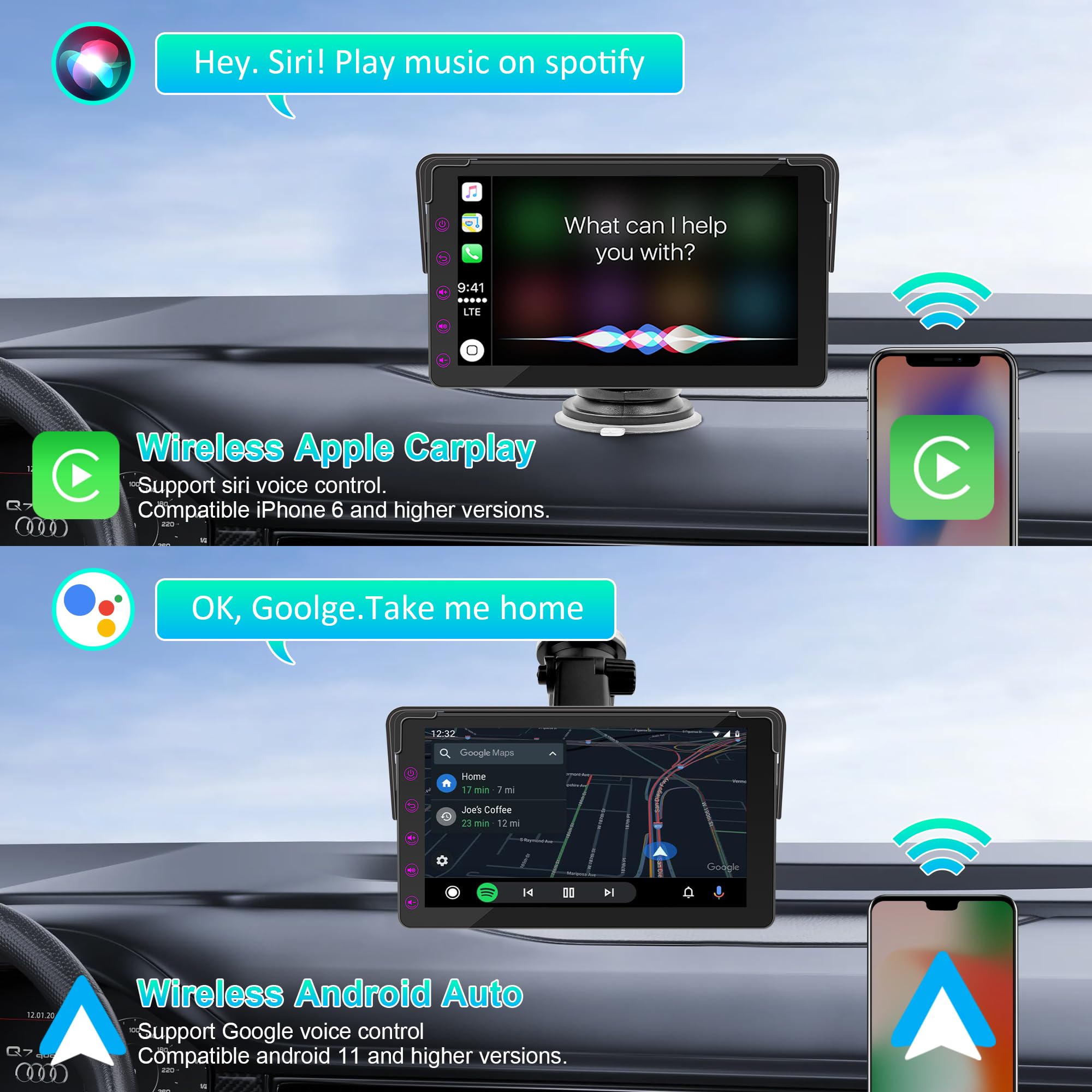 7" HD Double Din Car Stereo,Portable Wireless Dash Mount Apple CarPlay&Android Auto,Touchscreen Display,HD Backup Camera,Bluetooth,Mirror Link,FM,Drive Mate CarPlay Navigation Screen for All Vehicles