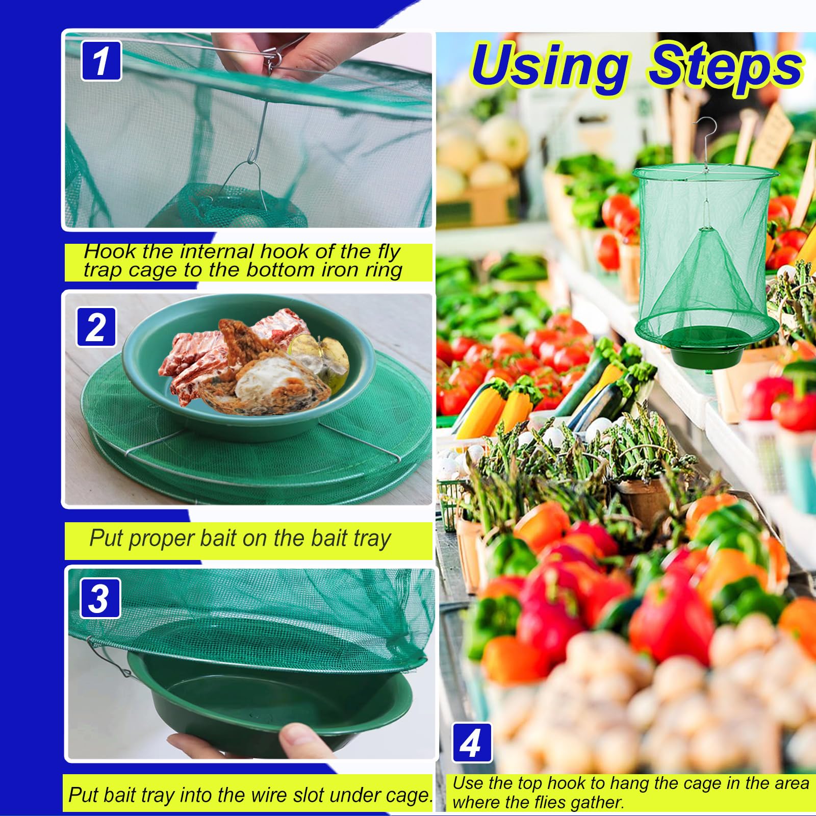 8 Pack Ranch Fly Traps - Reusable Fly Traps Outdoor Indoor Hanging,Stable Fly Traps with Bait-Tray Fly Catcher Cage Fly Net Bag for Farms,Park, Restaurants (Green)