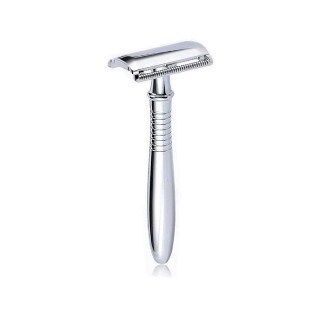 Heavy Duty Chrome Double Edge Safety Razor & Base Stand Long Handle Lengthen Version w/ 10 Platinum Super Sharp Blades + Mini Cleaning Brush & Pouch Manual Wet Shaving Gift Set for Men & Women