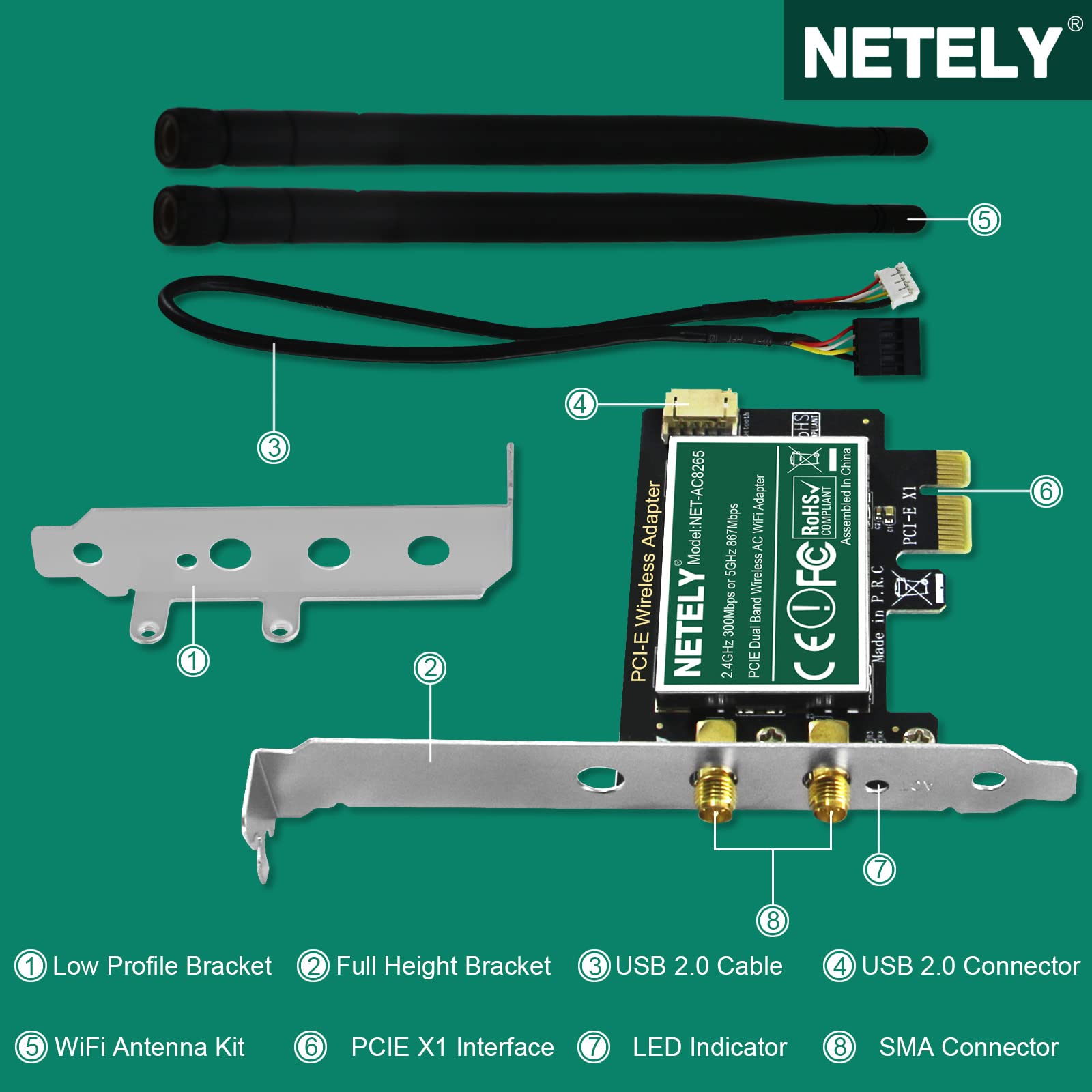 NETELY Dual Band Wireless-AC 1200Mbps PCIE WiFi Adapter with Bluetooth 4.2 for Windows 7, 8.x, 10, 11 64bit System Desktop PCs, 2.4GHz 300Mbps and 5GHz 867Mbps PCIE WiFi Card (NET-AC8265)