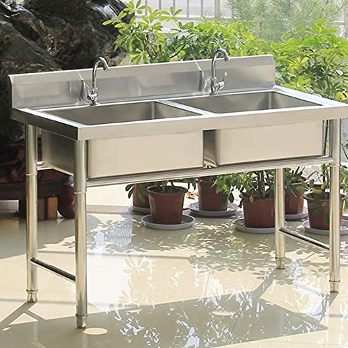 Commercial/Industrial Sink,2 Compartment Outdoor Garage Sink,Freestanding Kitchen Stainless Steel Sink w/Workbench & Storage Shelves, Prep & Utility Washing Hand Basin for Laundry. ( Size : 100*50*80+