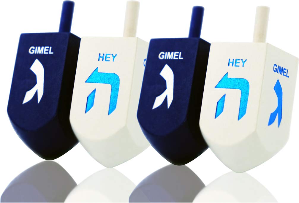 The Dreidel Company Extra Large Blue & White Hand Painted Wooden Hanukkah Dreidels - Includes Game Instruction Cards- (10-Pack XL)