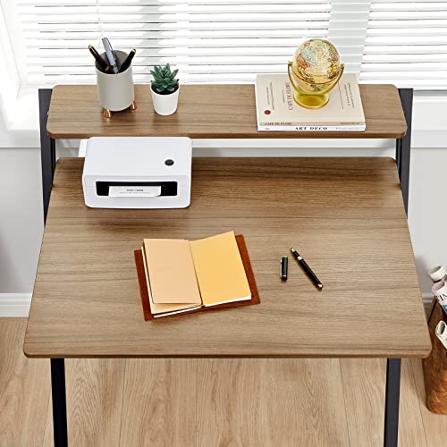 GreenForest Folding Desk No Assembly Required, Computer Desk with 2-Tier Shelf Foldable Table for Small Spaces Fully Unfold 32 x 24.5 inch, Espresso