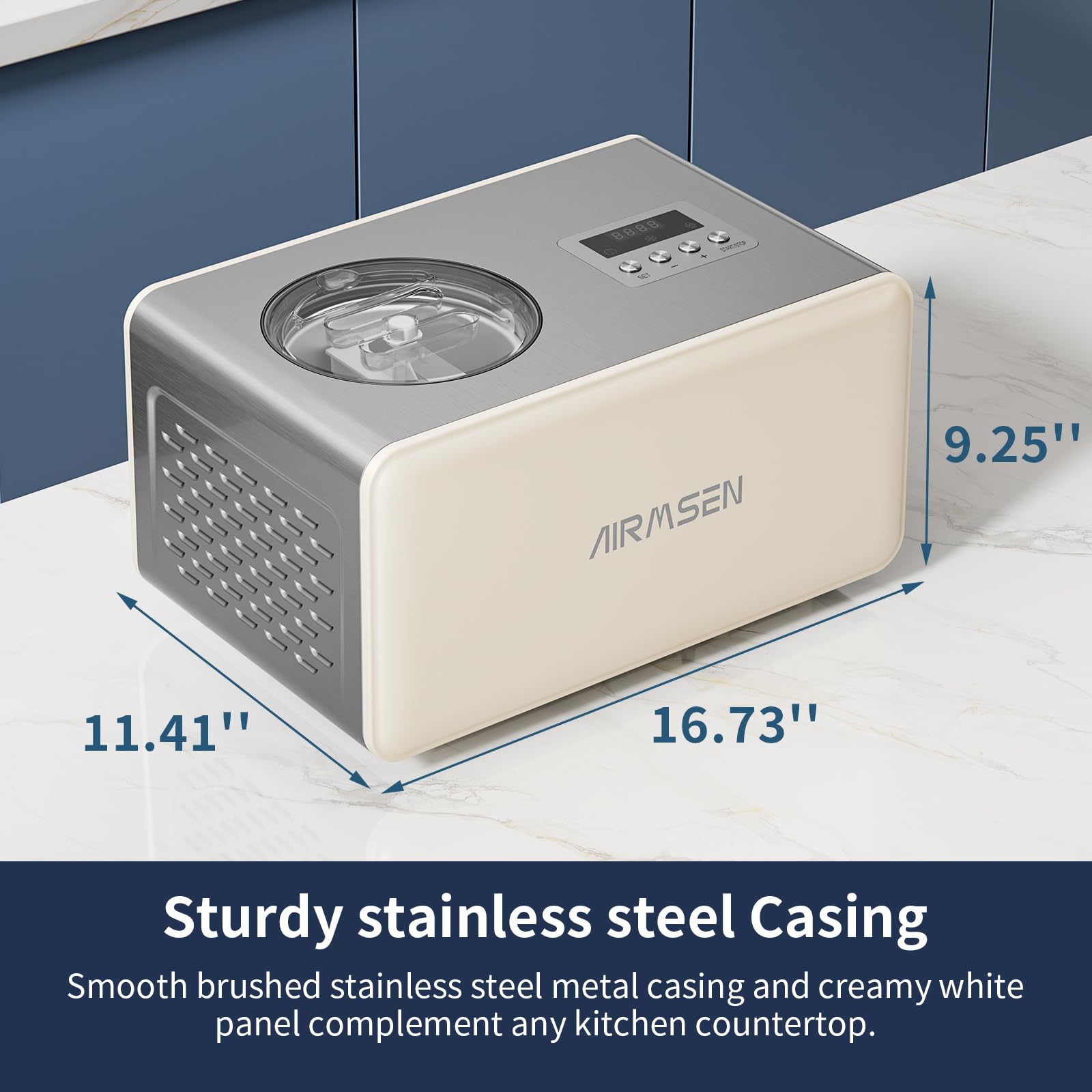 AIRMSEN 2.1-Quart Ice Cream Maker Machine with Built-in Compressor, No Pre-Freezing Required, Fully Automatic Frozen Treats Maker with LED Display & Timer, 72-Minute Cooling Function, Stainless Steel