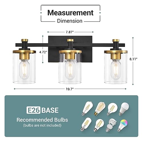 Atocif Bathroom Vanity Light 3-Light, Black and Gold Bathroom Light Fixtures with Clear Glass Shade, Vintage Bathroom Vanity Lights, Modern Wall Sconce for Bathroom, Living Room, Hallway, Bedroom