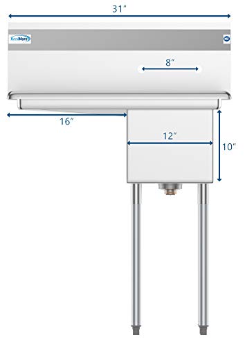 KoolMore 1 Compartment Stainless Steel Commercial Kitchen Prep & Utility Sink with Drainboard - Bowl Size 12" x 16" x 10"