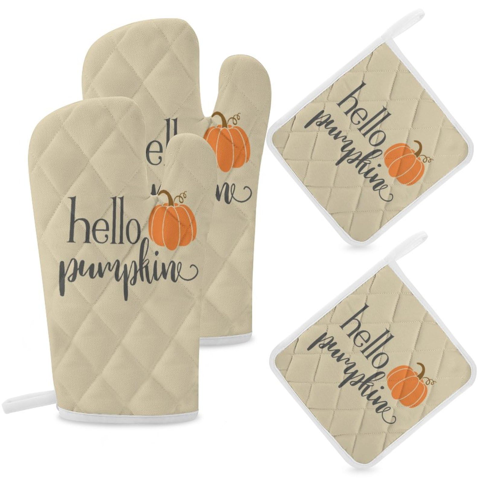 4PCS Oven Mitts and Pot Holders Sets, Hello Pumpkin Orange Harvest Fall Beige Oven Mitts Set Heat Resistant Kitchen Microwave Gloves Safe for Baking,Cooking, BBQ