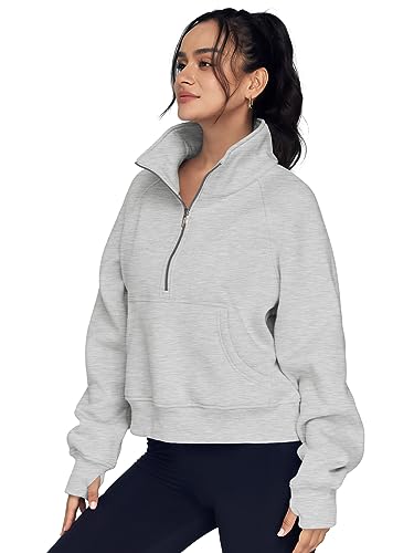 AUTOMET Womens Cropped Sweatshirts Quarter Zip Pullover Half Zipper Oversized Hoodies 2023 Fall Fashion Outfits Clothes Thumb Hole Grey