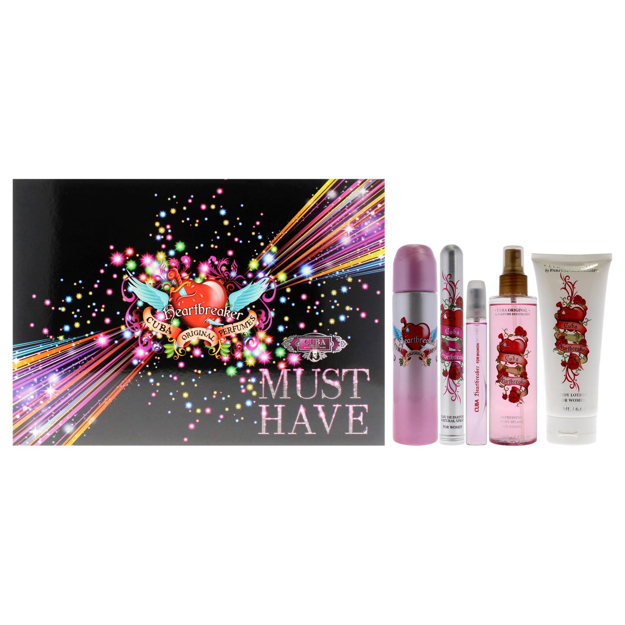 Cuba Cuba Must Have Heartbreaker Women 5 Pc Gift Set 3.4oz EDP Spray, 1.17oz EDP Spray, 0.5oz EDP Spray, 6.7oz Body Spray, 6.7oz Body Splash I0120738