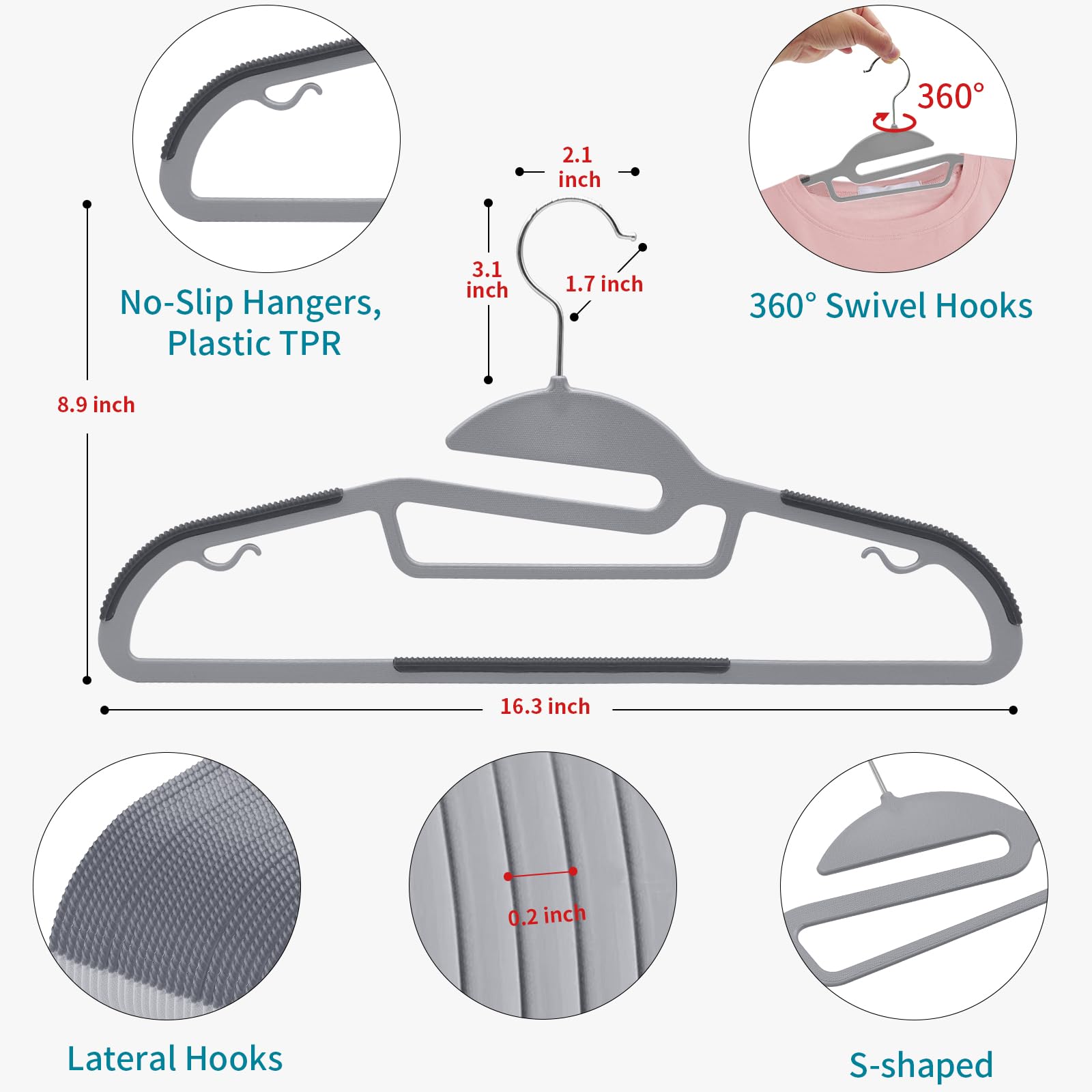 ABHENG 30 Pack Plastic Coat Hangers, Heavy Duty Pant Hangers, Space-Saving Suit Hangers with S-Shaped Opening, Non-Slip, 360º Swivel Hook, 16.3”L x 0.2”W x 8.9”H, Gray, UAPY0430G