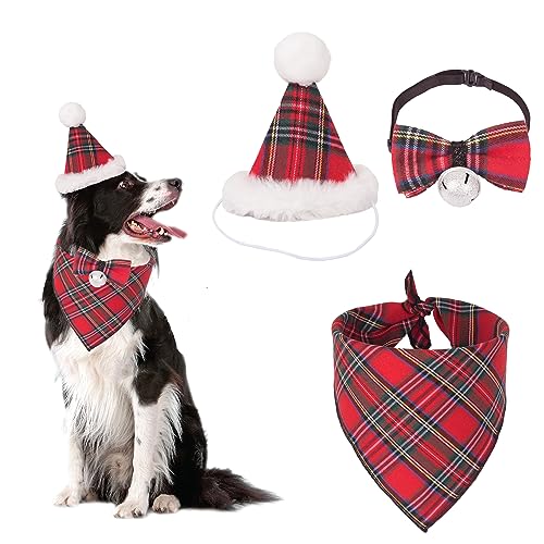 ADOGGYGO Christmas Dog Bandana Hat Bowtie, Red Plaid Dog Christma Bandana Scarf Xmas Dog Hat Cute Plaid Dog Bow, Dog Christmas Costume Accessories for Small Medium Large Dogs Pets (Large, Red-2)