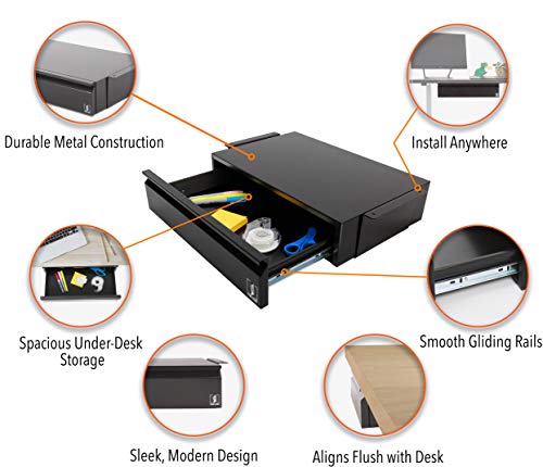 Stand Steady Attachable Under Desk Drawer | Pull-Out Storage Organizer with Smooth Sliding Tracks | Spacious Storage Drawer Easily Mounts to Desks and Workstations (Black / 17.5 x 11.5)