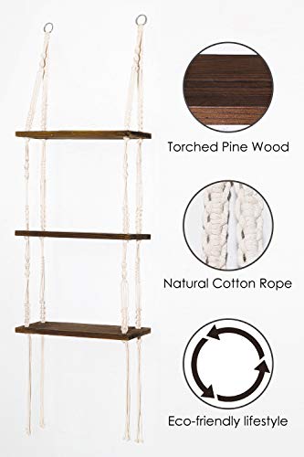 TIMEYARD Macrame Shelf Hanging Shelves, Wood Wall Shelf with Woven Rope, Rustic Floating Shelves Storage Organizer, 3 Tier Shelf Boho Decor for Living Room, Bathroom, Bedroom