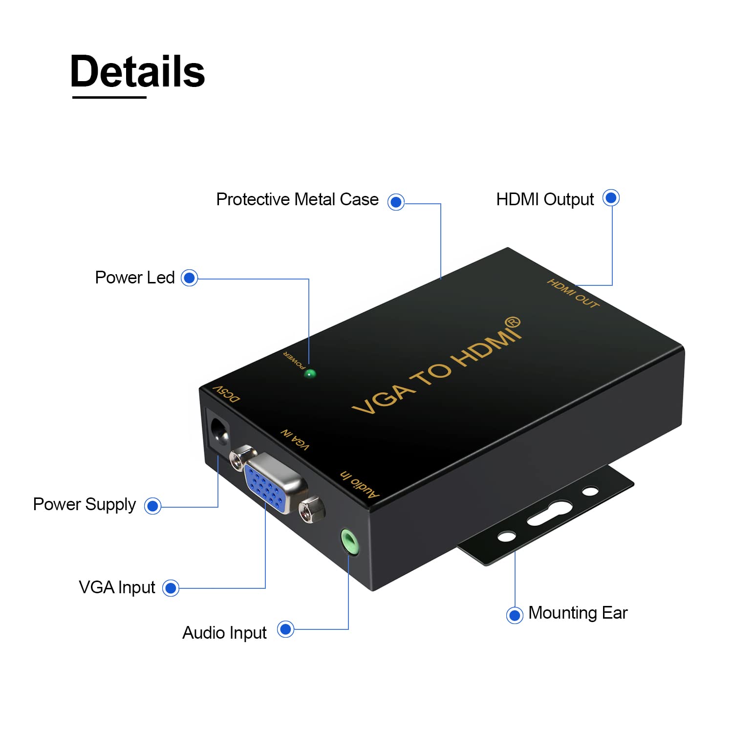 CKL VGA to HDMI Adapter Converter 1080P with 3.5mm Audio Sound and DC 5V Power Supply for PC Laptop Display Computer Mac Projector HDTV