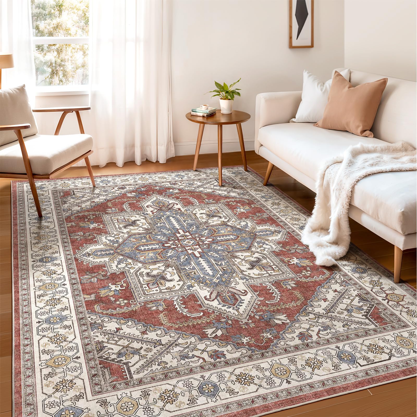WITSHOCK Boho Area Rugs Machine Washable for Living Room Bedroom, Large 5x7 Vintage Non-Slip Stain Resistant Floor Carpet Indoor for Kitchen Dining Room Office Home Decor, Rust/Lvory