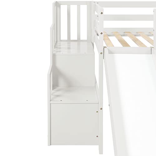 DEYOBED Low Loft Bed with Stairs and Slide - Wood Twin Bed Frame for Kids - Ideal for Boys and Girls - White