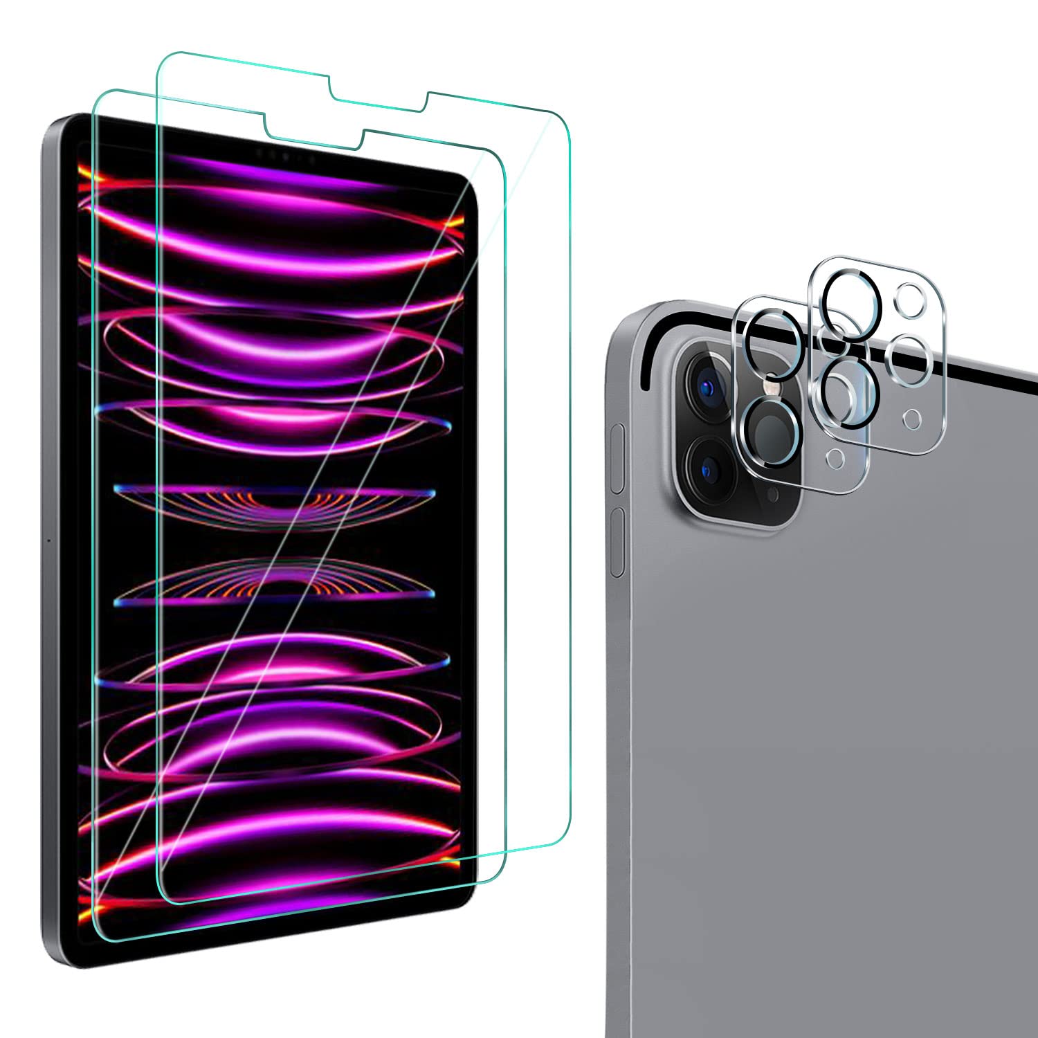 QHOHQ [2+2 Pack] Tempered Glass Screen Protector for iPad Pro 12.9 2022/2021/2020 (6th/5th/4th Generation) with Camera Lens Protector, Ultra HD, Anti-Scratch, Designed for Face ID＆Apple Pencil