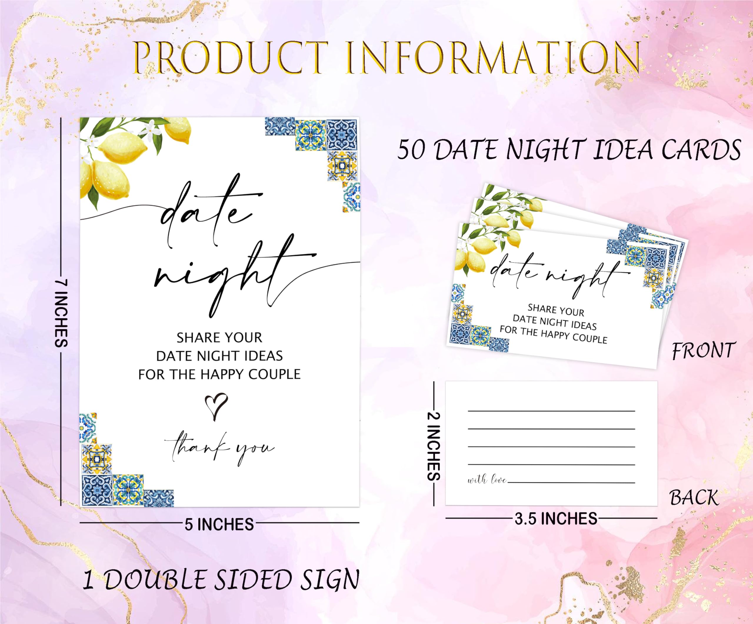 Blue Tiles and Lemons Date Night Game, Date Night Ideas Sign with 50 Cards, Bridal Shower Game, Modern Bridal Shower Decorations, Wedding Date Night Advice - 02