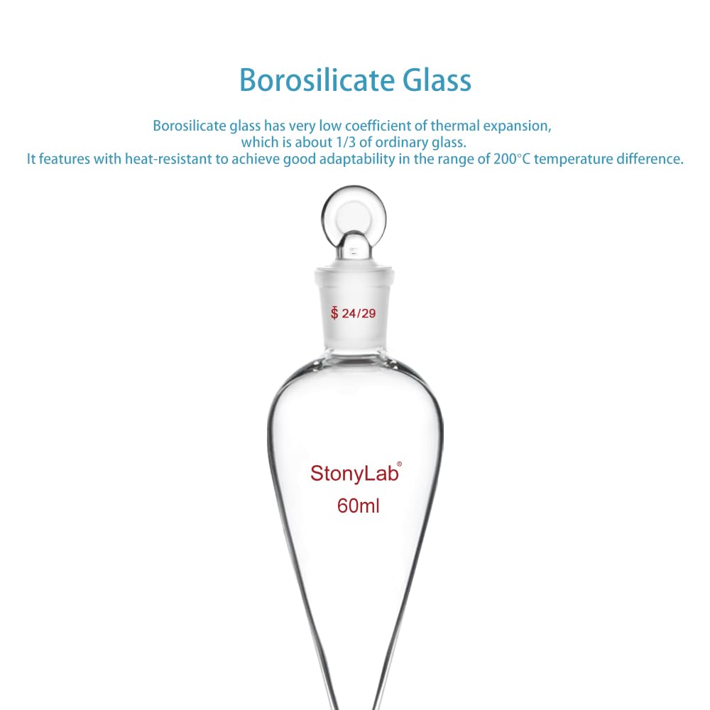 StonyLab PTFE Stopcock Separatory Funnel 60ml, Borosilicate Glass Heavy Wall Conical Pear-Shaped Separatory Funnel Separation Funnel with 24/29 Joint