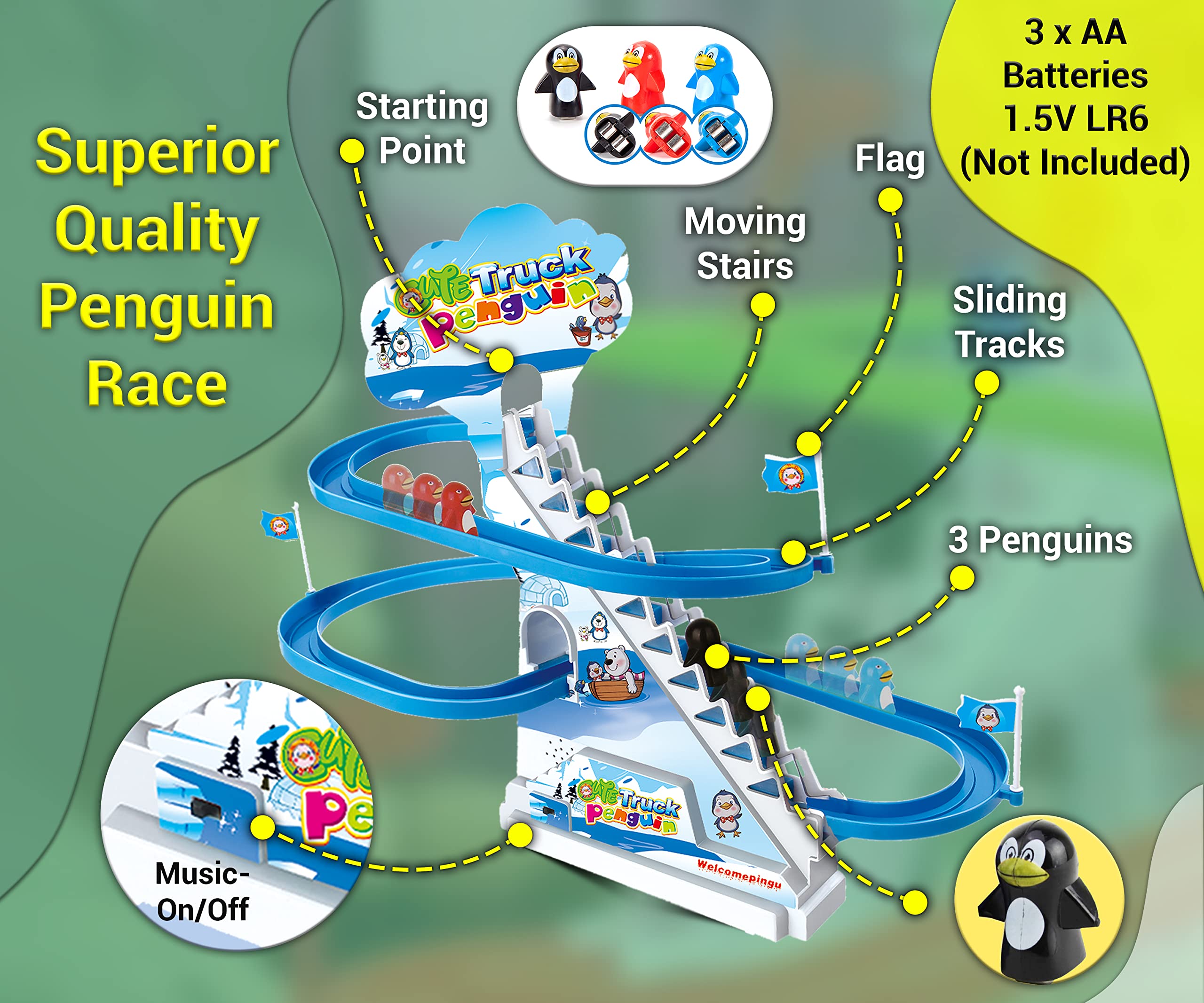 ARSUK Playful Penguin Race Game, Roller Coaster Musical Toy Track Playset with Music & LED Flashing Lights On/Off Button for Toddlers and Kids Gift