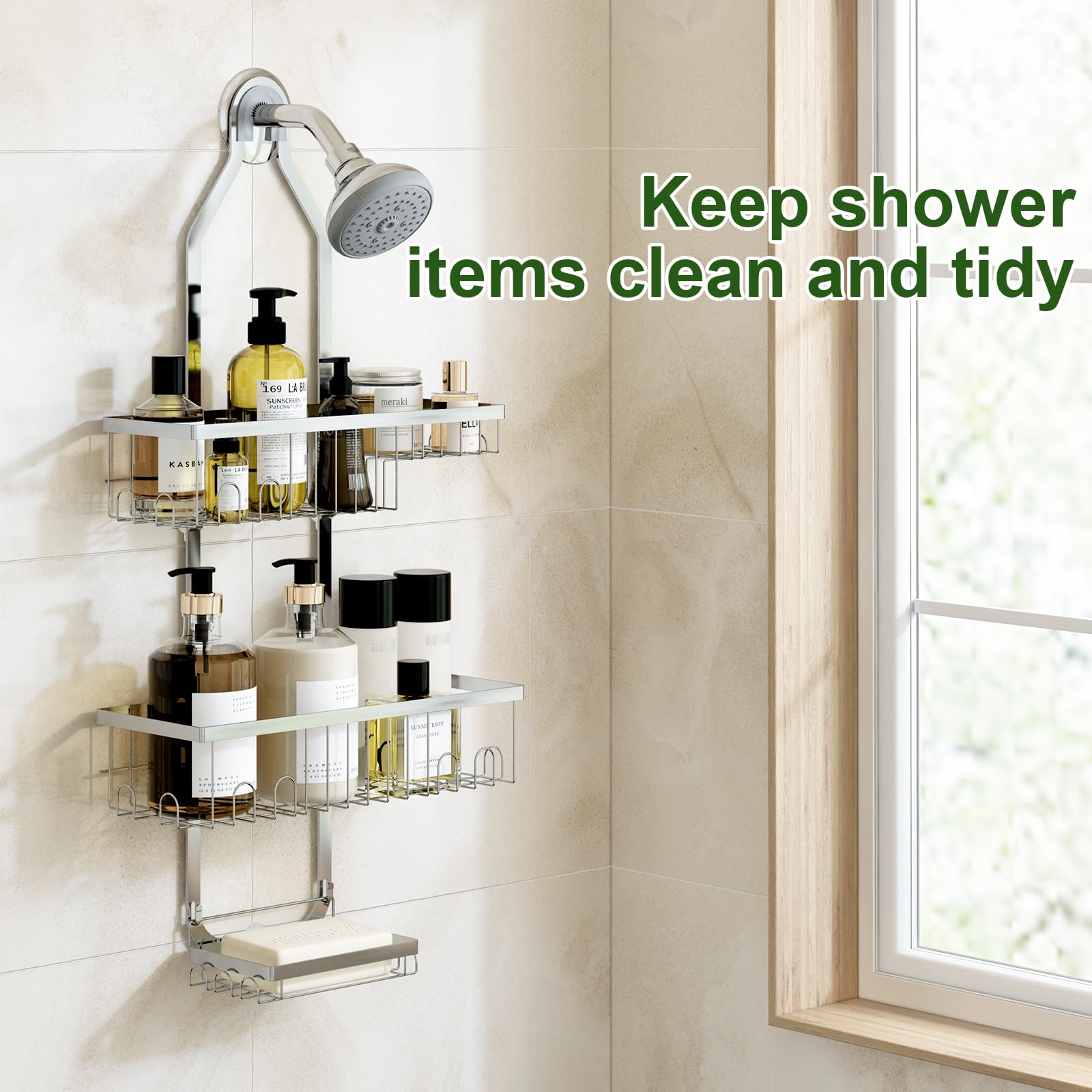 Fixwal Shower Caddy Over Shower Head, No Drilling Bathroom Hanging Shelf Storage Organizer Rack Basket with Hooks, Soap Holders and Adhesives, Rustproof Waterproof Anti-Swing, Bronze