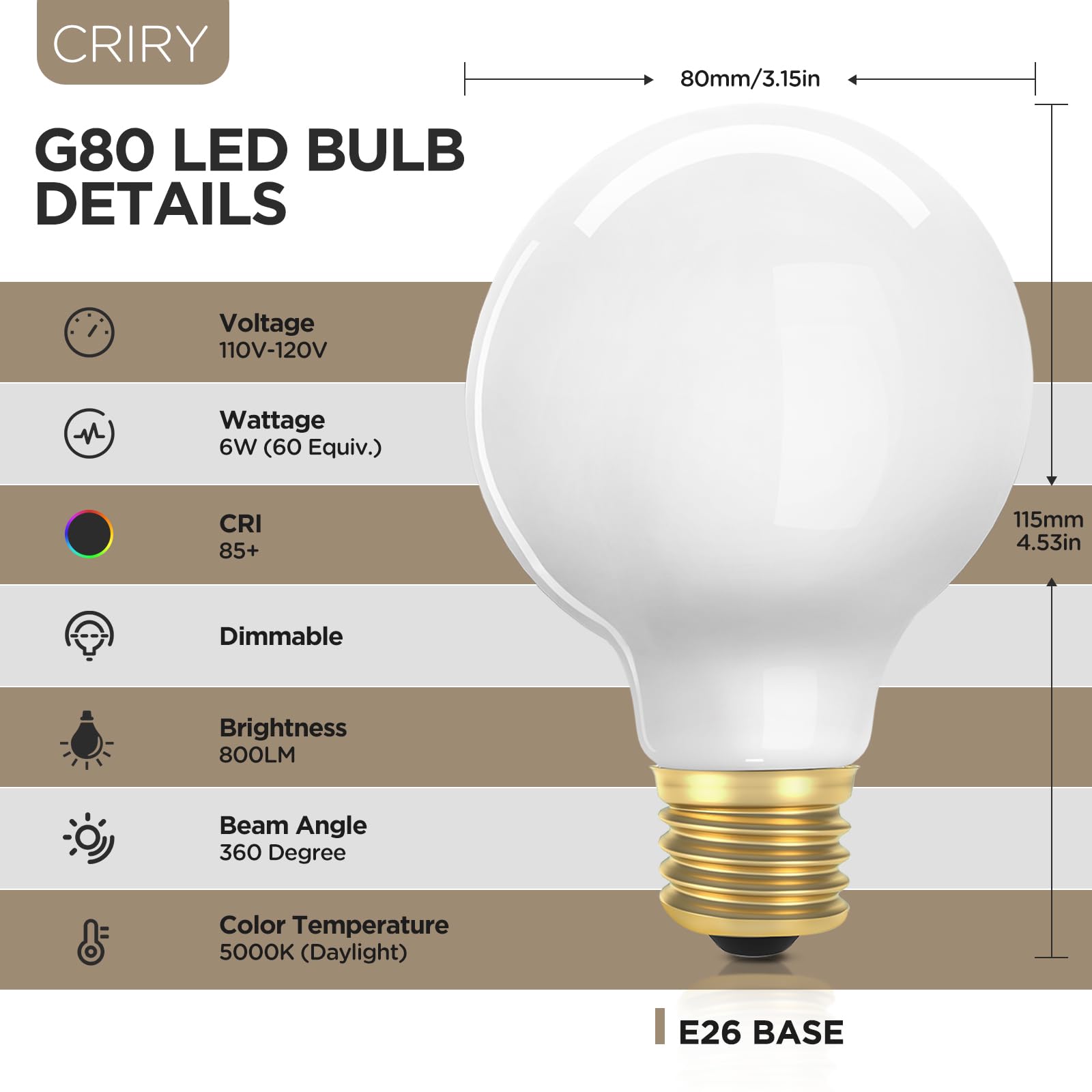 CRIRY G25 Dimmable LED Globe Light Bulbs 60 Watt Equiv, 6W 5000K Daylight Bathroom Vanity Light Bulbs, G80 Large Edison Round LED Light Bulbs for Sputnik Chandelier 800LM CRI85, E26 Base, 8Packs