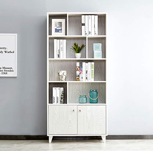 Mixcept Modern Bookcase with 2 Doors 68" Tall Storage Cabinet Wooden Bookshelf with 7 Compartments for Home Office, White Wash