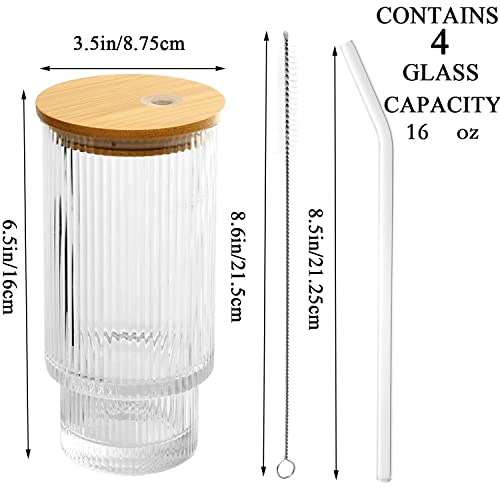 CAYOREPO 4 Pcs Set 16oz Ribbed Drinking Glasses with Bamboo Lids and Straws, Ribbed Glass Cups, Stackable Glasses, Vintage Water Glasses for Juice, Beer, Coffee, Tea and Cocktail (Clear(4Pcs))