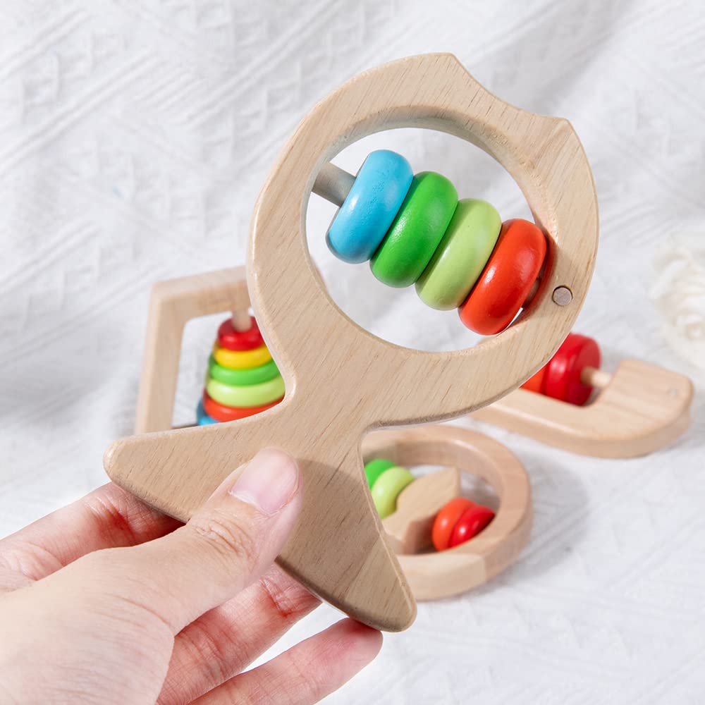 4Pcs Set Montessori Baby Wooden Rattle Toy Set Rainbow Color Shaker Bell Set