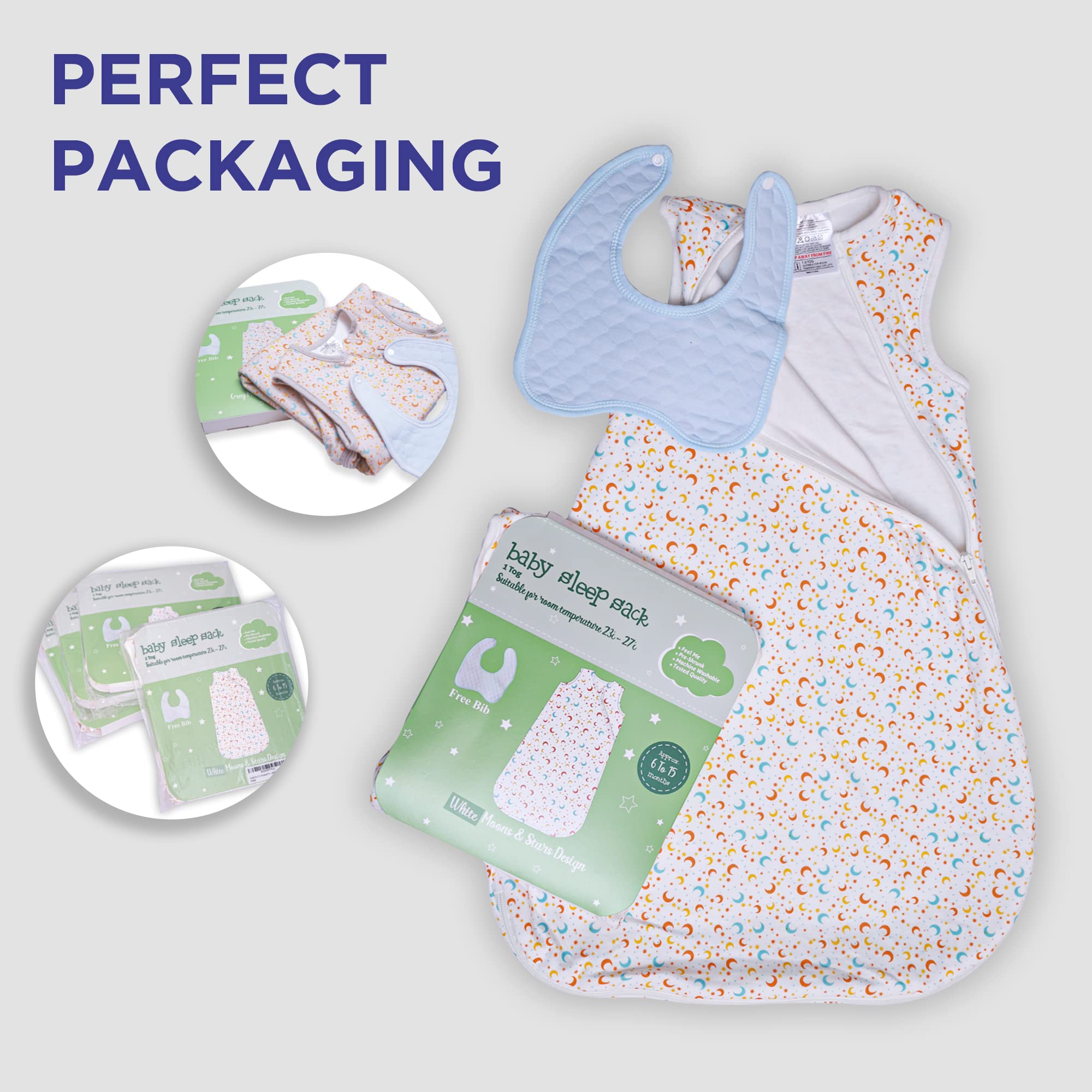 Baby Sleep Sack and Baby Bibs with 100% Cotton Material Toddler Sleeping Sack, Cute and Comfortable Baby Swaddle Sack has Adjustable Length for Infants and Toddlers (White, 6-15 Months)