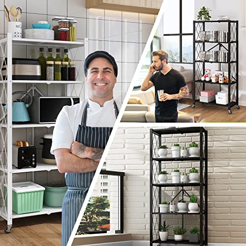 Mochubang Foldable Storage Shelves Unit, 5 Tier Folding Shelf Steel Shelving Rack with Wheels for Mobile Storage in Kitchen, Warehouse, Closet, Patio, Pantry, No Assembly, 1250 lbs Capacity, Black