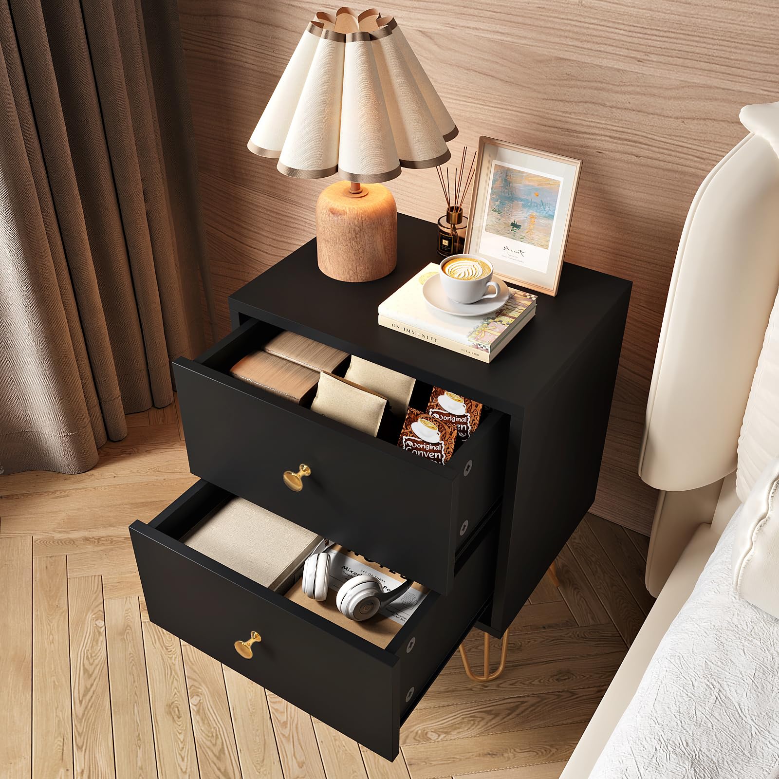 Tradare Black Nightstand Set of 2, Black and Gold Night Stand with 2 Drawers, Modern End Table with Metal Legs and Gold Handles, Bedside Table for Bedroom, Hallway