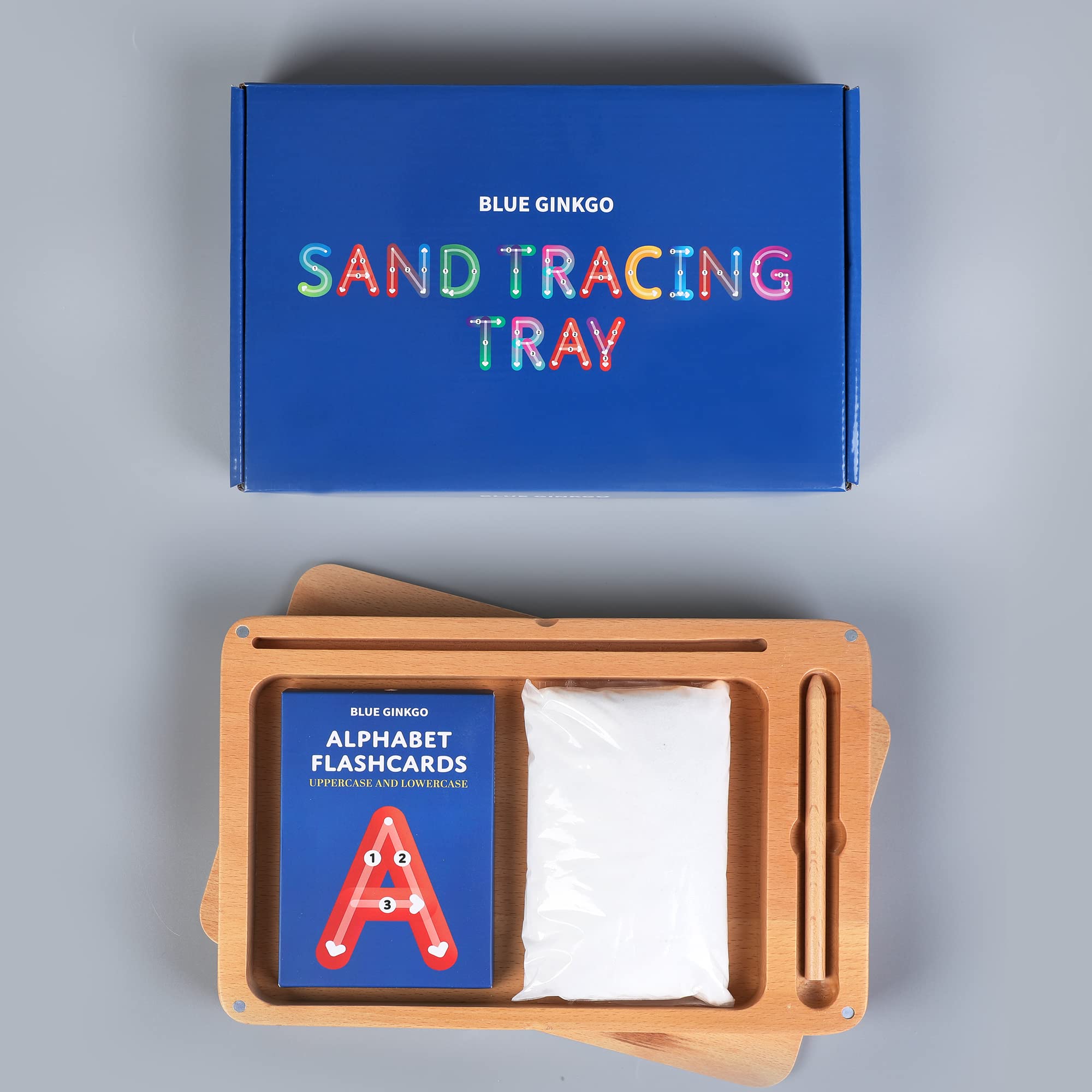 Blue Ginkgo Montessori Sand Tray – Premium Wooden Tray with Lid for Letter Tracing, Numbers, Drawing, Classroom Use (9.8 x 6.7 Inches)