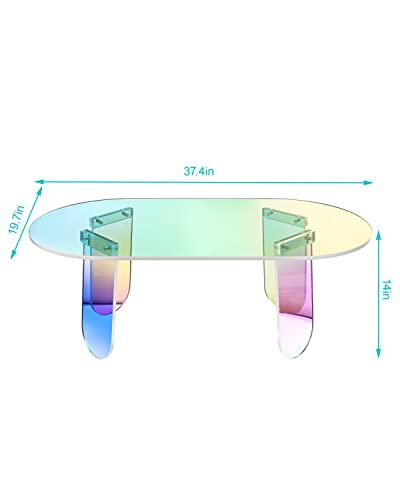 KSacry Acrylic Coffee Tables Modern Accent Night Stand Iridescent Table Coffee Table Side Table Round End Table Modern Chic Desk-Living for Office Home Decor (4 Legs Style, 37.4"L X 19.7"W X 13.8"H)