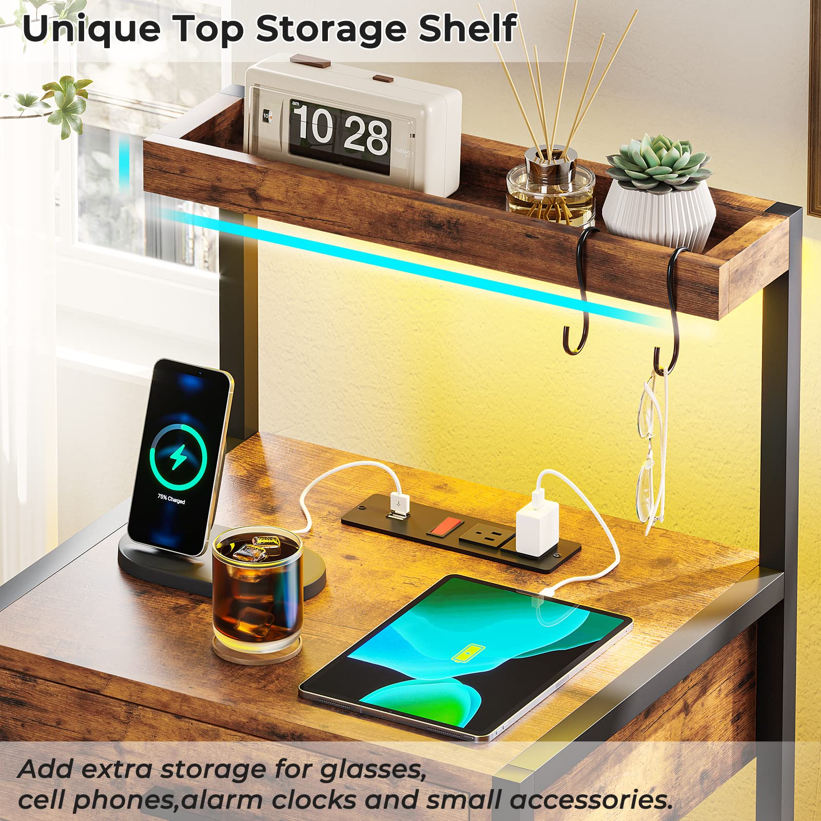 AOGLLATI Nightstand Set of 2 with Charging Station and LED Lights, Bedside Table with 3 Drawers and Open Storage Shelves, 2 USB Ports and 2 AC Outlets, LED Night Stand for Bedroom, Rustic Brown