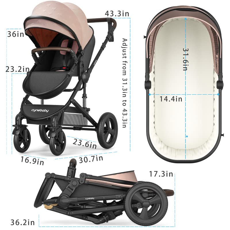Baby Stroller for Newborn to Toddler, Cynebaby Bassinet Stroller Luxury Infant Pushchair Multi Position Reclining Pram with Mommy Bag/footmuff