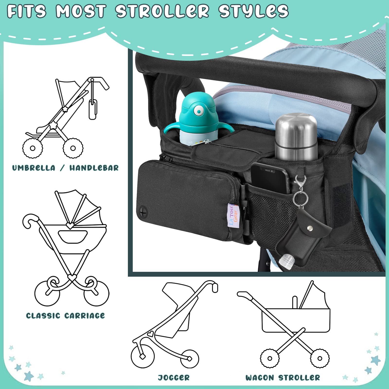 Baby Stroller Organizer - Stroller Caddy with Insulated Cup Holder attachment & Diaper Storage for On-The-Go Secure Straps, Detachable Bag, Pockets for Phone, Keys & Toys with Universal Design