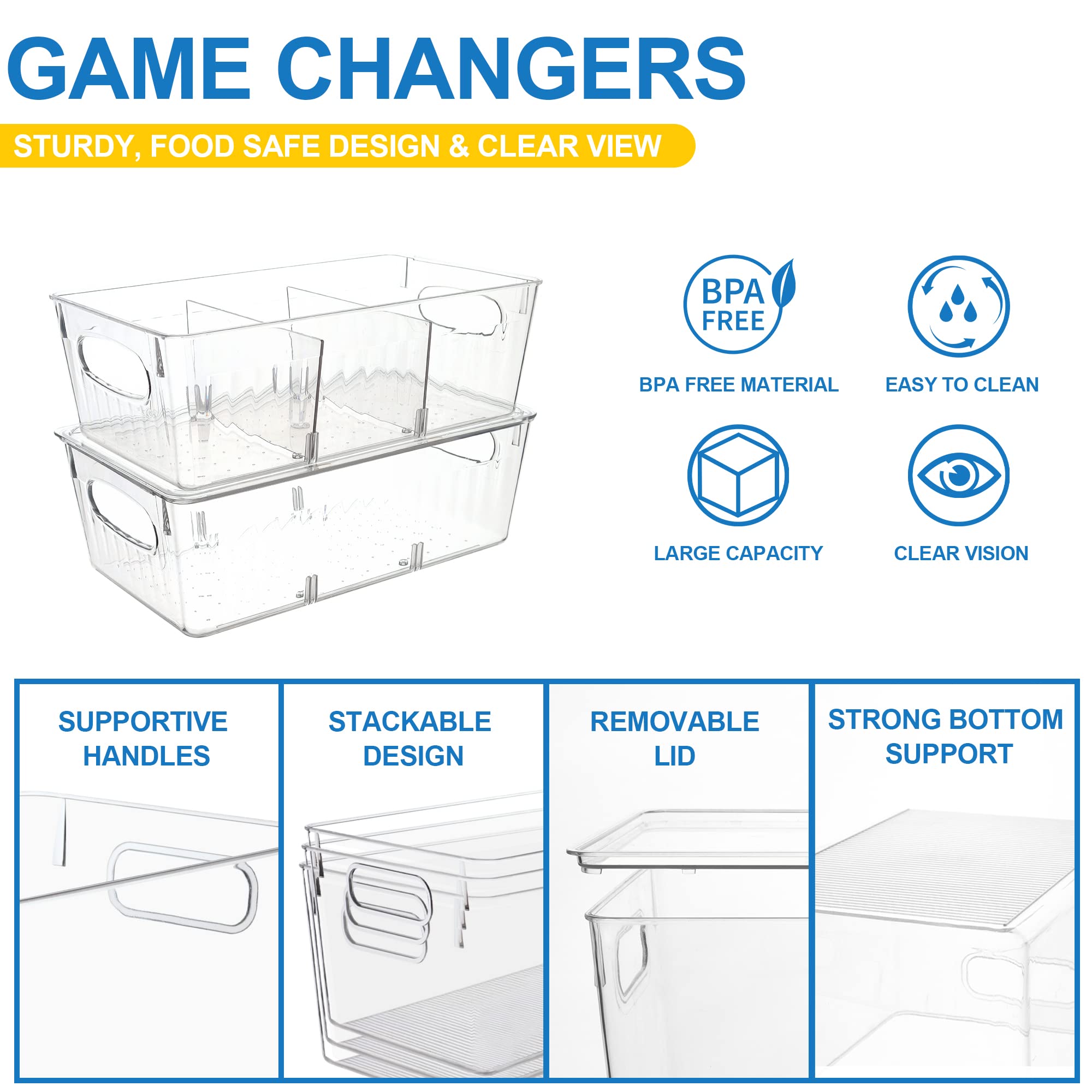 8pcs Refrigerator Organizer Bins with Lids - Clear Plastic Storage Bins, Stackable Food Fridge Organizers with Cutout Handles, Fruit Vegetable Storage Containers for Kitchen Pantry Organization