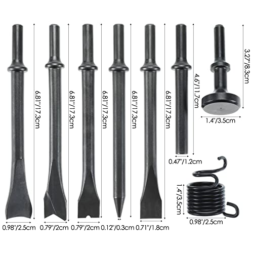 8pcs Smoothing Air Hammer Pneumatic Chisels Tools, 7pcs 0.401'' (10mm) Shank Heavy Duty Pneumatic Air Hammer Chisels High Carbon Steel Accessories Bits with 1pc Spring