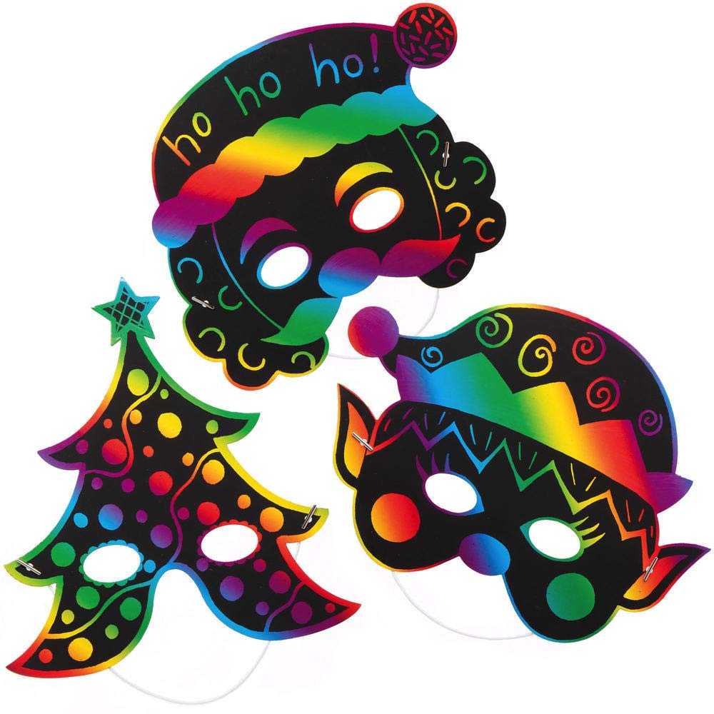 Baker Ross AX561 Christmas Scratch Art Masks for Dress Up Play - Pack of 8, Magic Scratch Art and Craft Kits for Kids Xmas Eve Activities