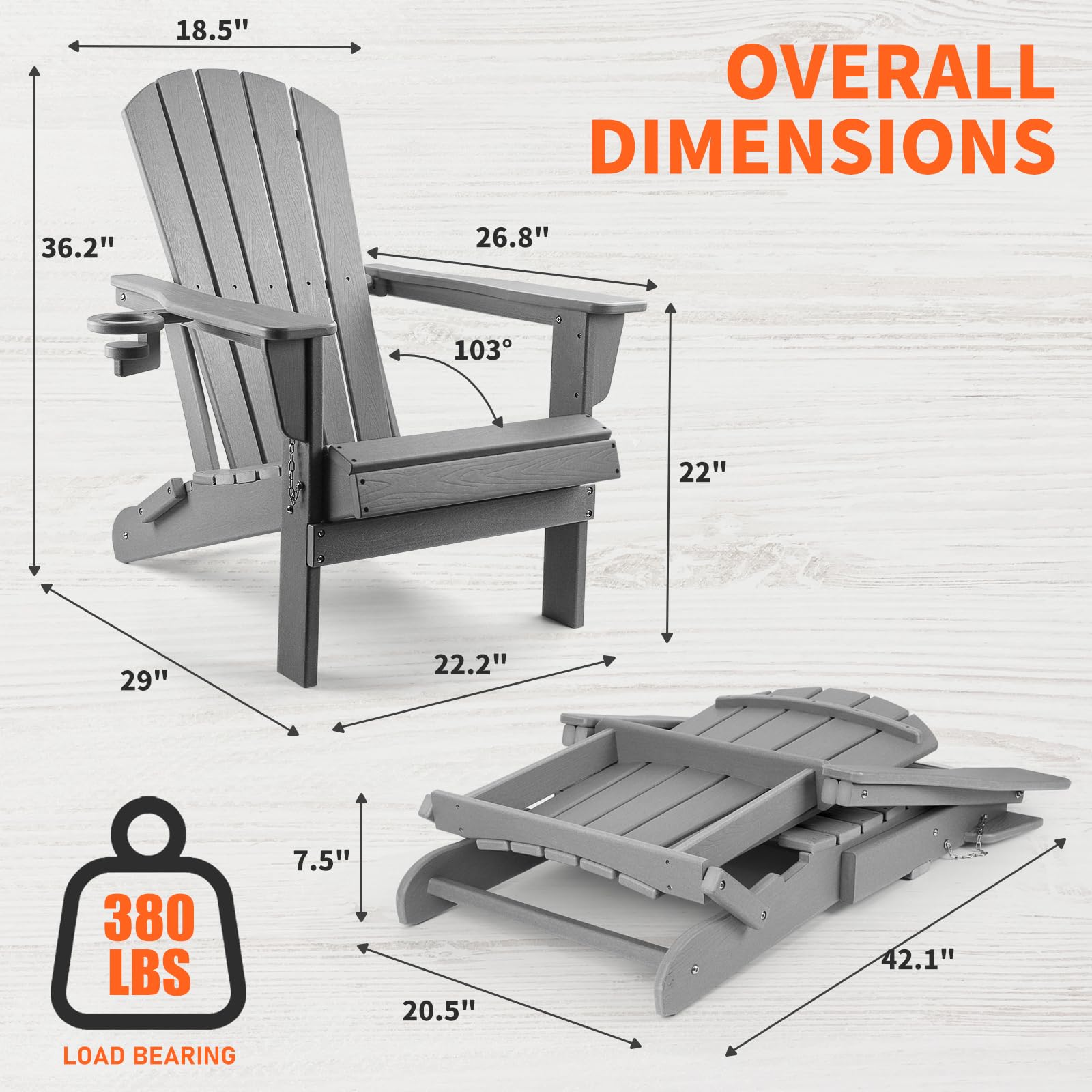 OLYMSOLD Folding Adirondack Chair Set of 2, Plastic Adirondack Chairs Wood Texture, Fire Pit Chairs for Outside, Weather Resistant Composite Adirondack Chair with Cup Holder