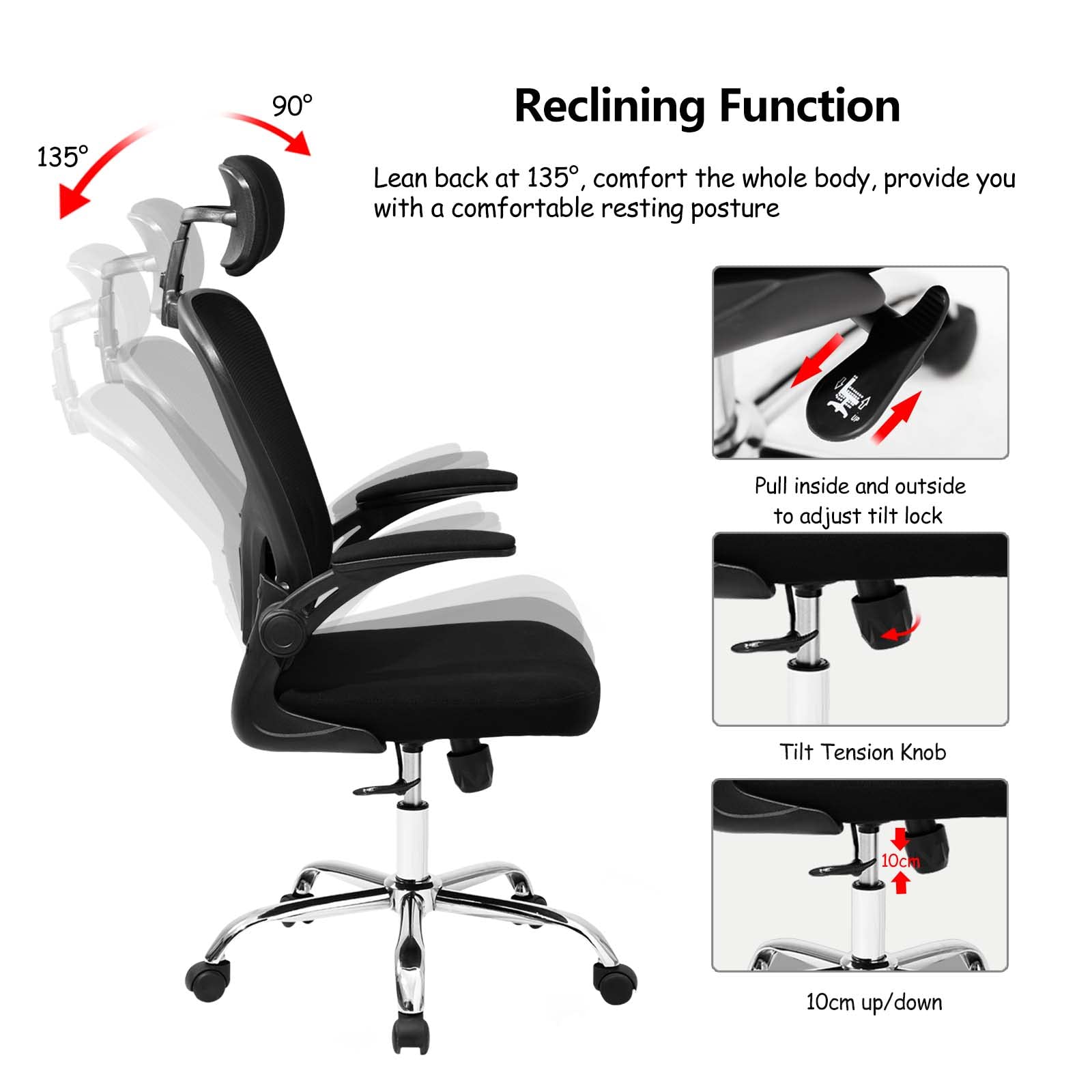 Adjustable Office Chair Ergonomic Mesh Chair High Back Computer Desk Chair with Flip-up armrest and Adjustable Headrest