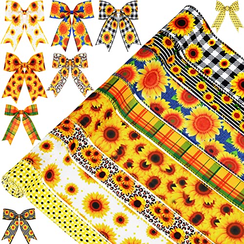 Kuscul 8 Rolls 32 Yards Sunflower Wired Ribbon Fall Autumn Wired Edge Ribbon Thanksgiving Fabric Decorative Ribbon for Gift Wrapping Hair Bow Sewing Crafts Wreath, 2.5in/ 1.5in