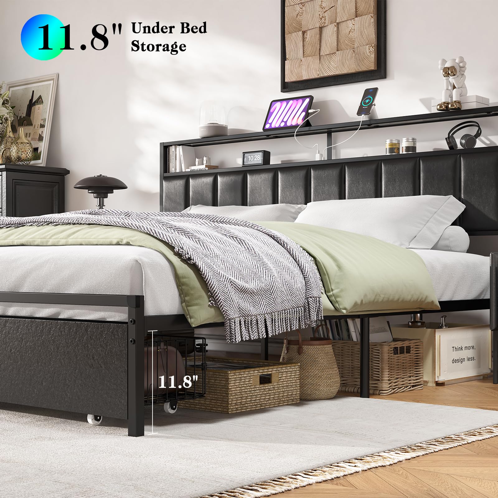 Albott Queen Storage Bed Frame with 2 Drawers, Platform Bed with 2-Tier Storage & Leather Upholstered & Charging Station Headboard, No Box Spring Needed, Noise Free, Easy Assembly, Black