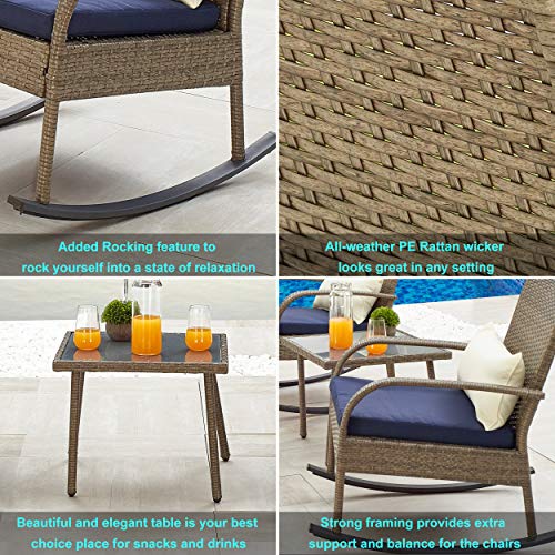 LOKATSE HOME 3 Pcs Outdoor Rattan Conversation Furniture Patio Bistro Wicker Set Modern Rocking Chair with Cushion & Coffee Table, Beige