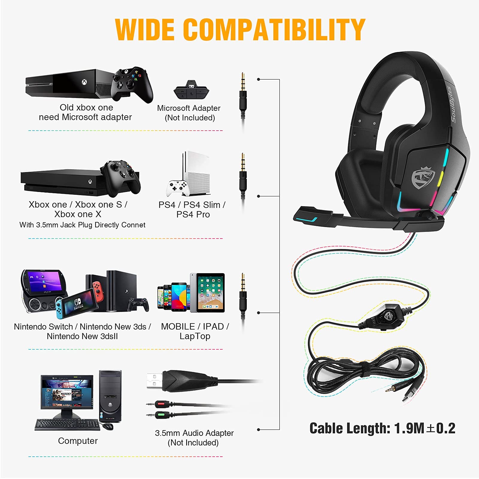 52HZ Gaming Headset, Hurround Hound Headset, Cool LED Light Headphone with Mic Light, PC Headset, Excellent Sound Quality Over-ear Headset for PC, Xbox One, Xbox series X|S, PS5, PS4, Black