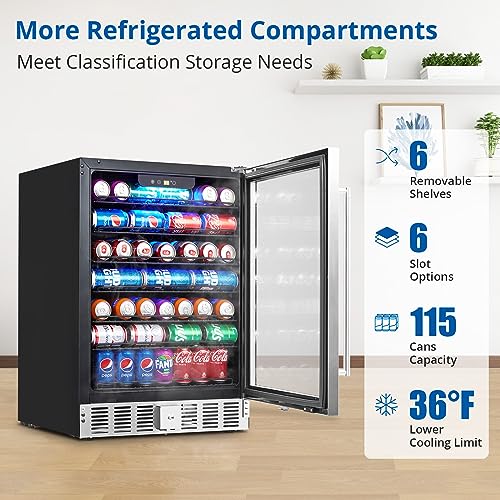 Takywep 24 Inch Beverage Refrigerator, 5.1 Cu.ft Beverage Cooler Under Counter, 166 Cans Drink Fridge for Drinks, Soda, Beer or Wine, 36~60°F Adjustable Temperature.