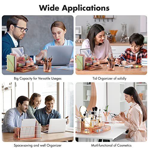MooManGoo Rose Gold Office Desk Organizers and Accessories with Sliding Drawer, Pen Holder, Stapler, 6 Compartments +72 Clips Set, Office Supplies Mesh Desktop File Organizer for Women Home School