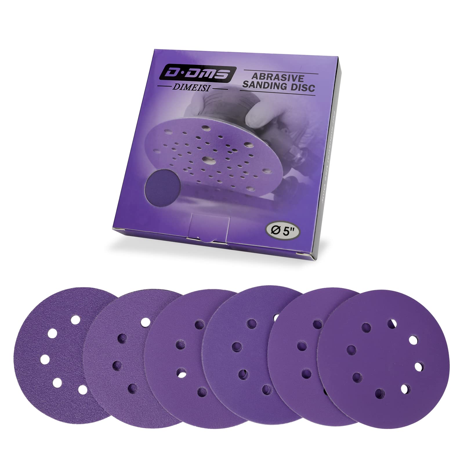 5 Inch Purple Film Sanding Discs, 8 Hole Hook and Loop Ceramic Alumina Sandpaper for Woodworking and Automotive