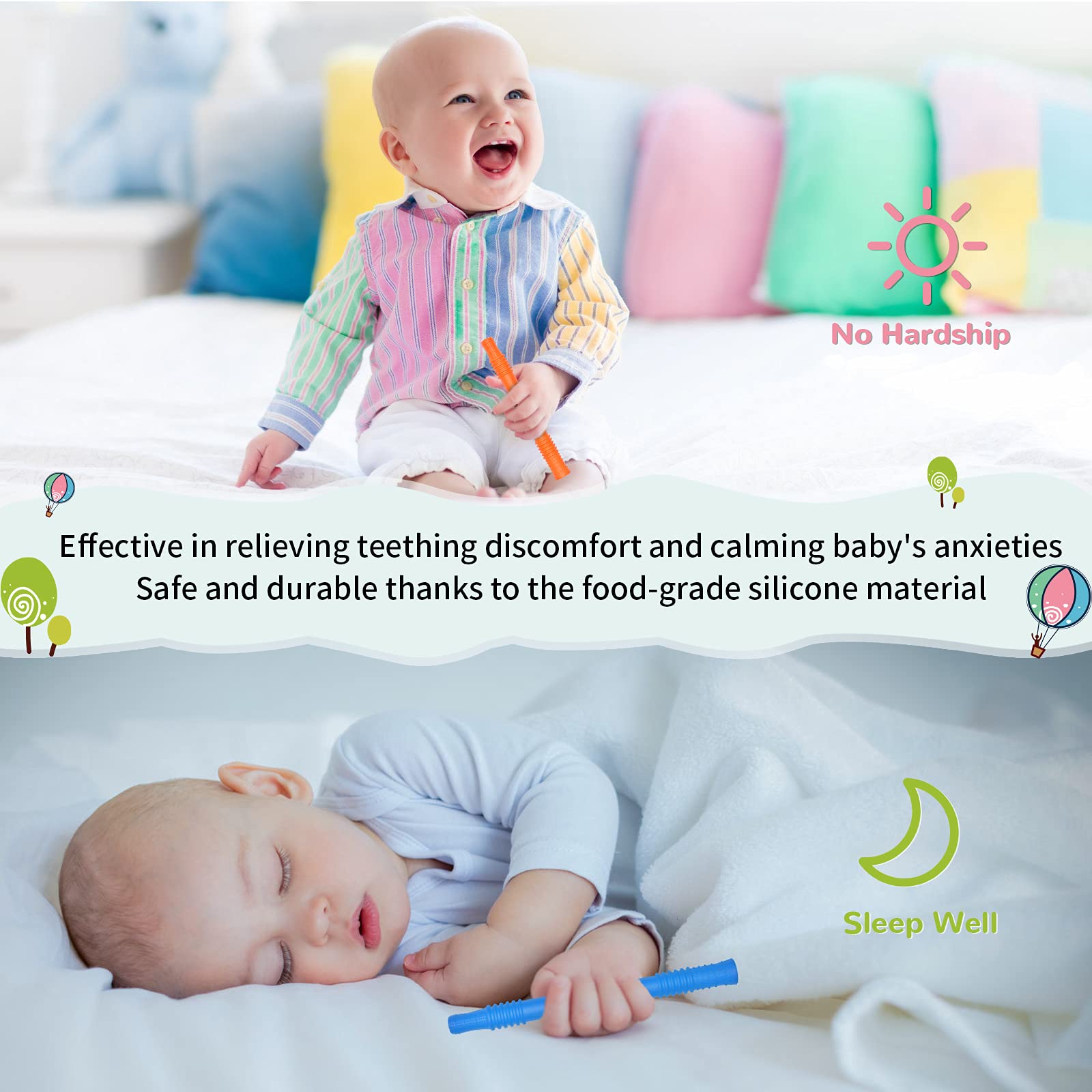 Baby Teething Toys 7 Pack, Soft Silicone Baby Teether Tubes, Baby Hollow Teether Sensory Toys Gum Massager, BPA Free & Freezer Safe